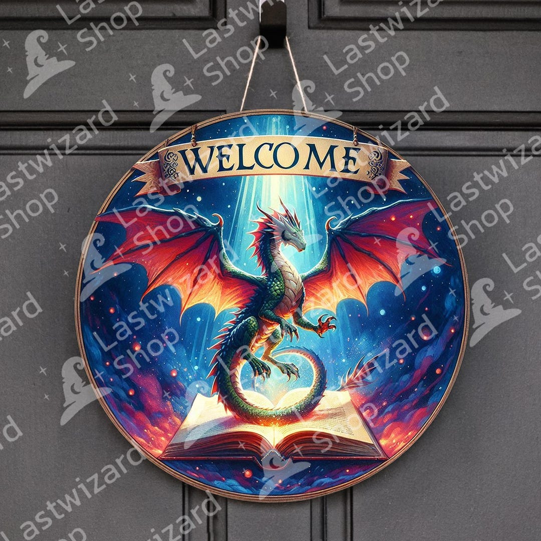 Fantasy Dragon Bookish Welcome Sign PNG, Mythical Library Door Hanger ...