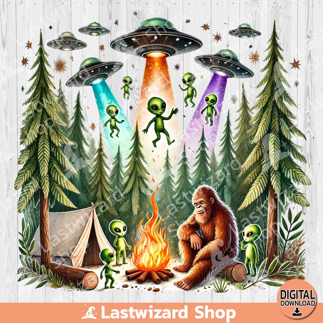Bigfoot Alien Campfire PNG: Watercolor Cryptozoology Design (digital ...