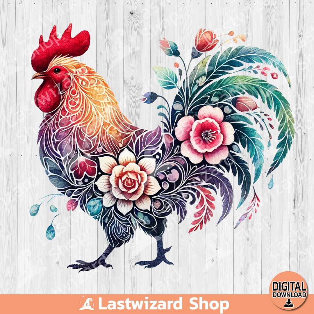 Watercolor Floral Chicken PNG: Farmhouse Rooster Clipart (digital ...