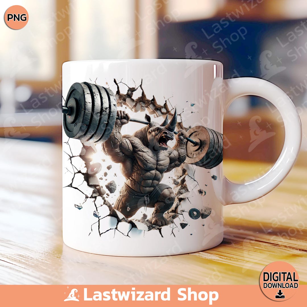 3D Rhino Lifting Barbell Hole Wall Cracked Mug Wrap 11oz & 15oz Mug ...