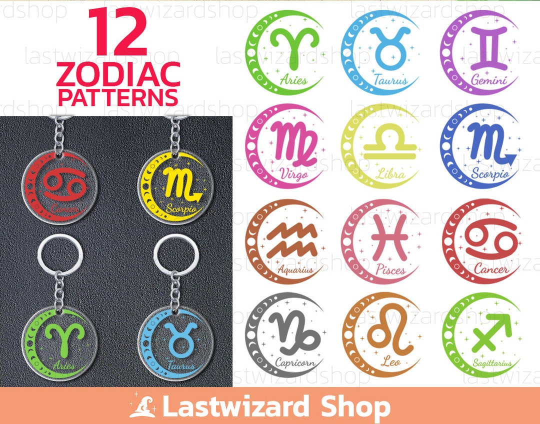 12 Zodiac Keychain Sign Svg Bundle, Astrology Svg, Horoscope Sign Svg ...