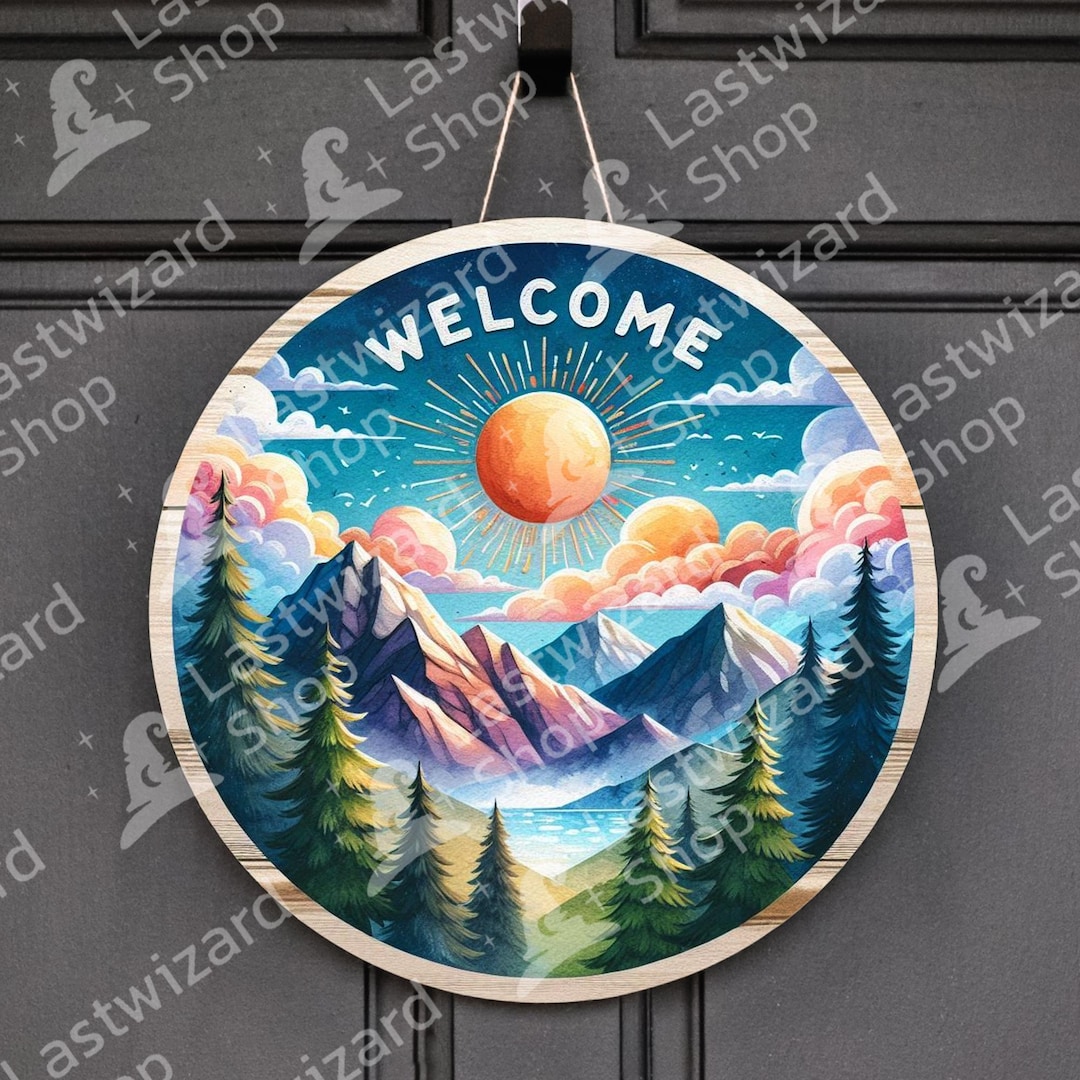 Mountain Sunset Welcome Sign PNG: Hiking Door Hanger Sublimation (12 ...