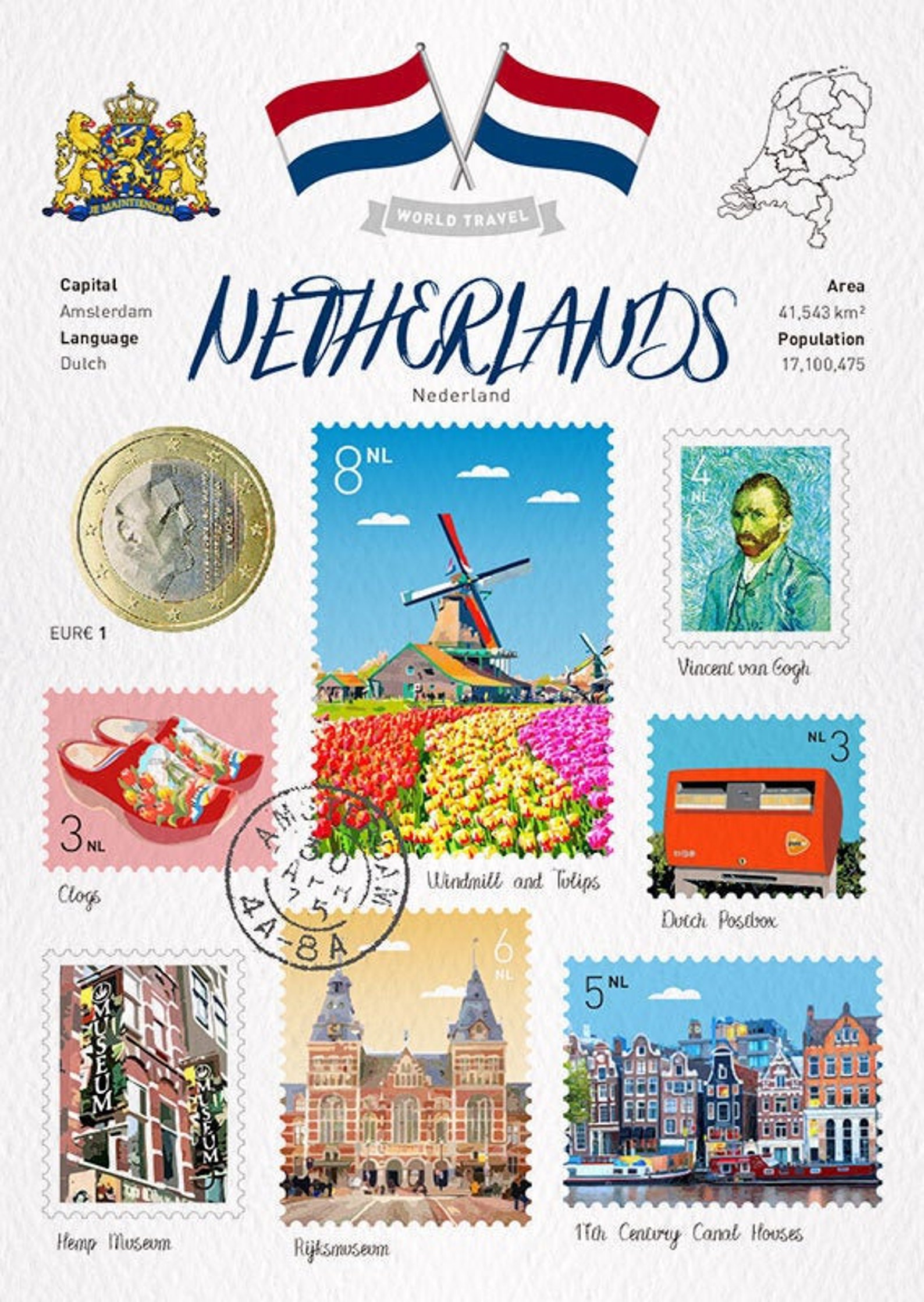 WT World Travel Netherlands Postcard | Etsy