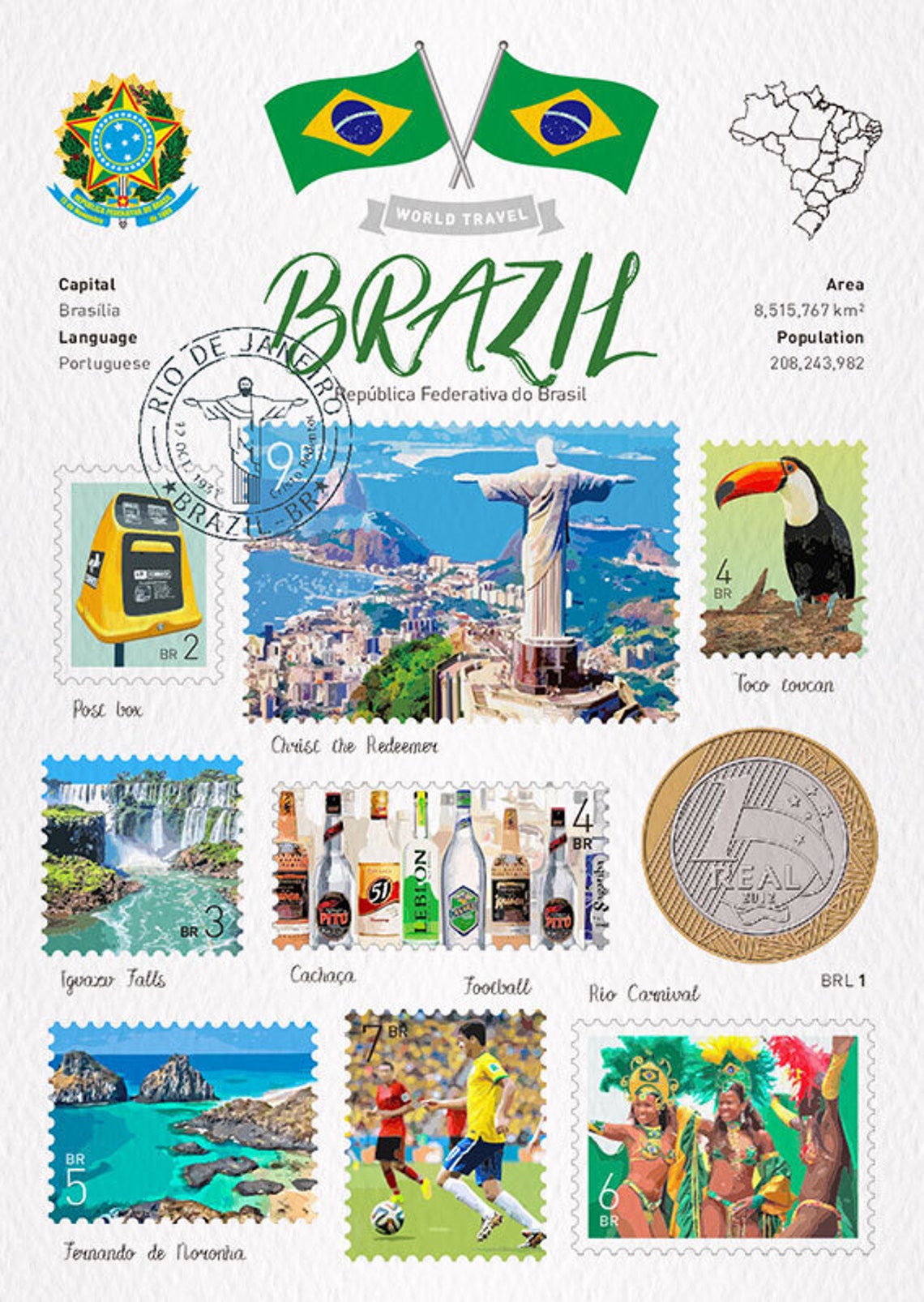 WT World Travel Brazil Postcard - Etsy