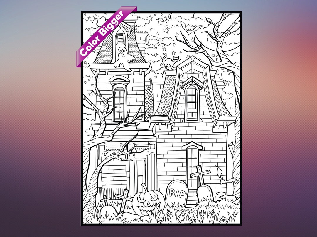 Huge Haunted House Coloring Poster – Intricate Giant Coloring Page for ...