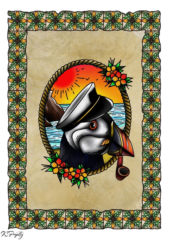Puffin' Puffin Sailor Art Print Traditional Tattoo Neo | Etsy