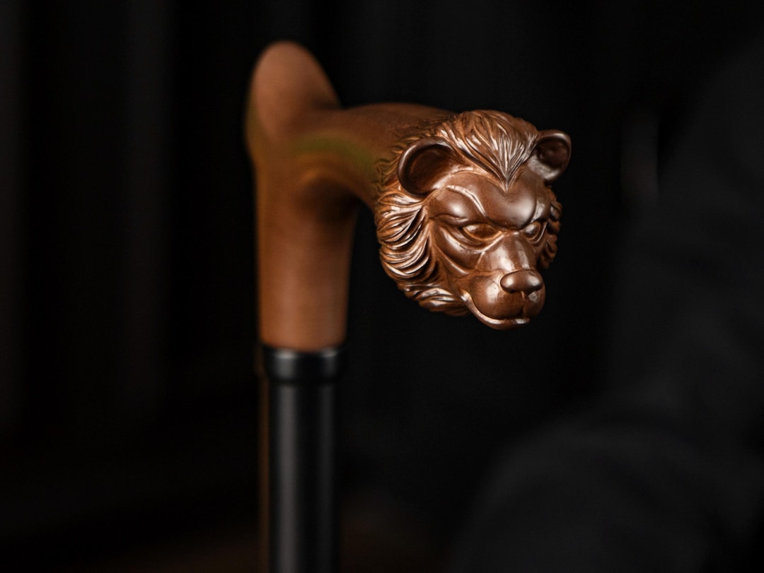 Lion Wooden Cane for Man, Carved Walking Stick, Lightweight Cane ...