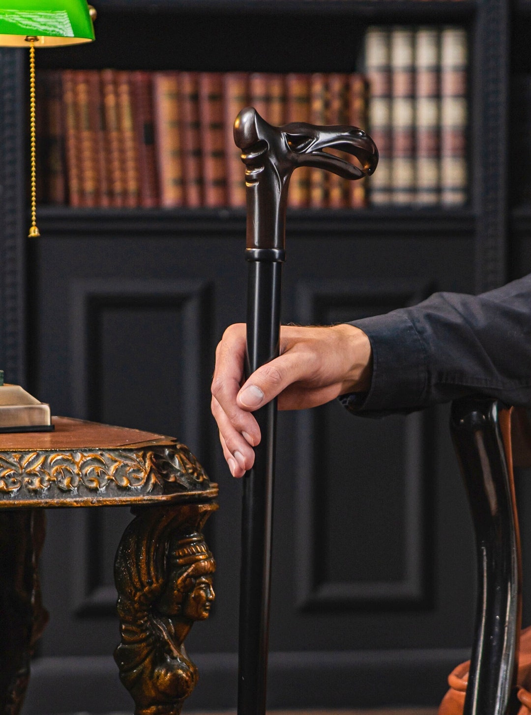 Hand Carved Walking Stick, Man Walking Cane, Creepy Cane, Black Raven ...