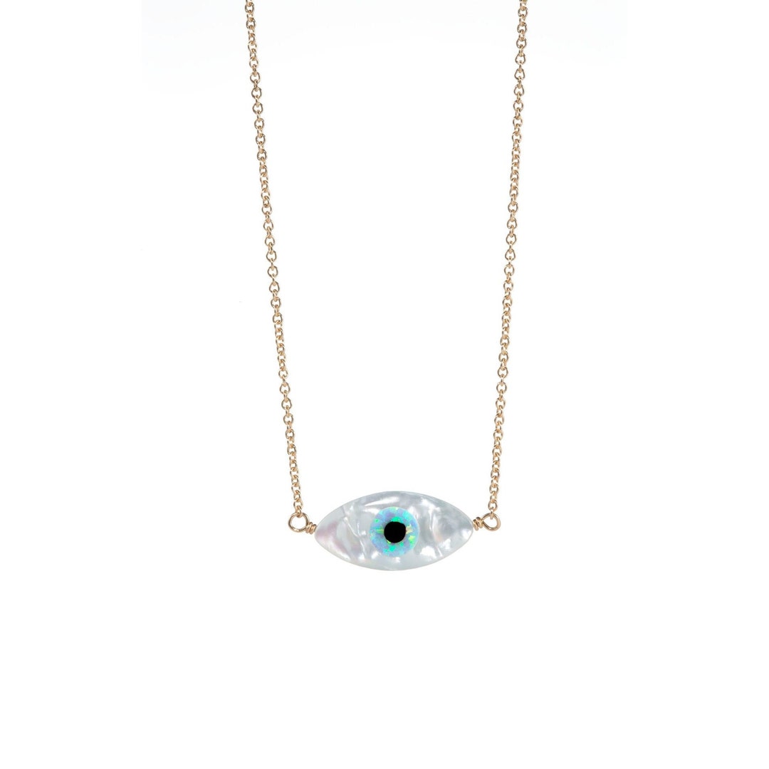 14K Gold Evil Eye Oval Opal Necklace by Bara Boheme - Etsy