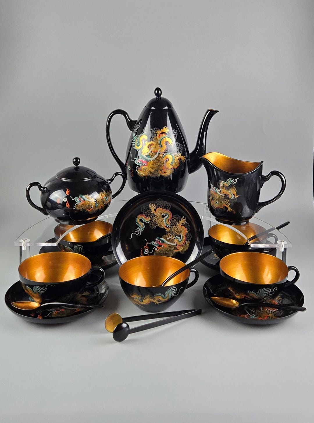 Vintage Chinese Lacquer Tea Set: Fuzanglong Dragon, Red & Gold Oriental ...