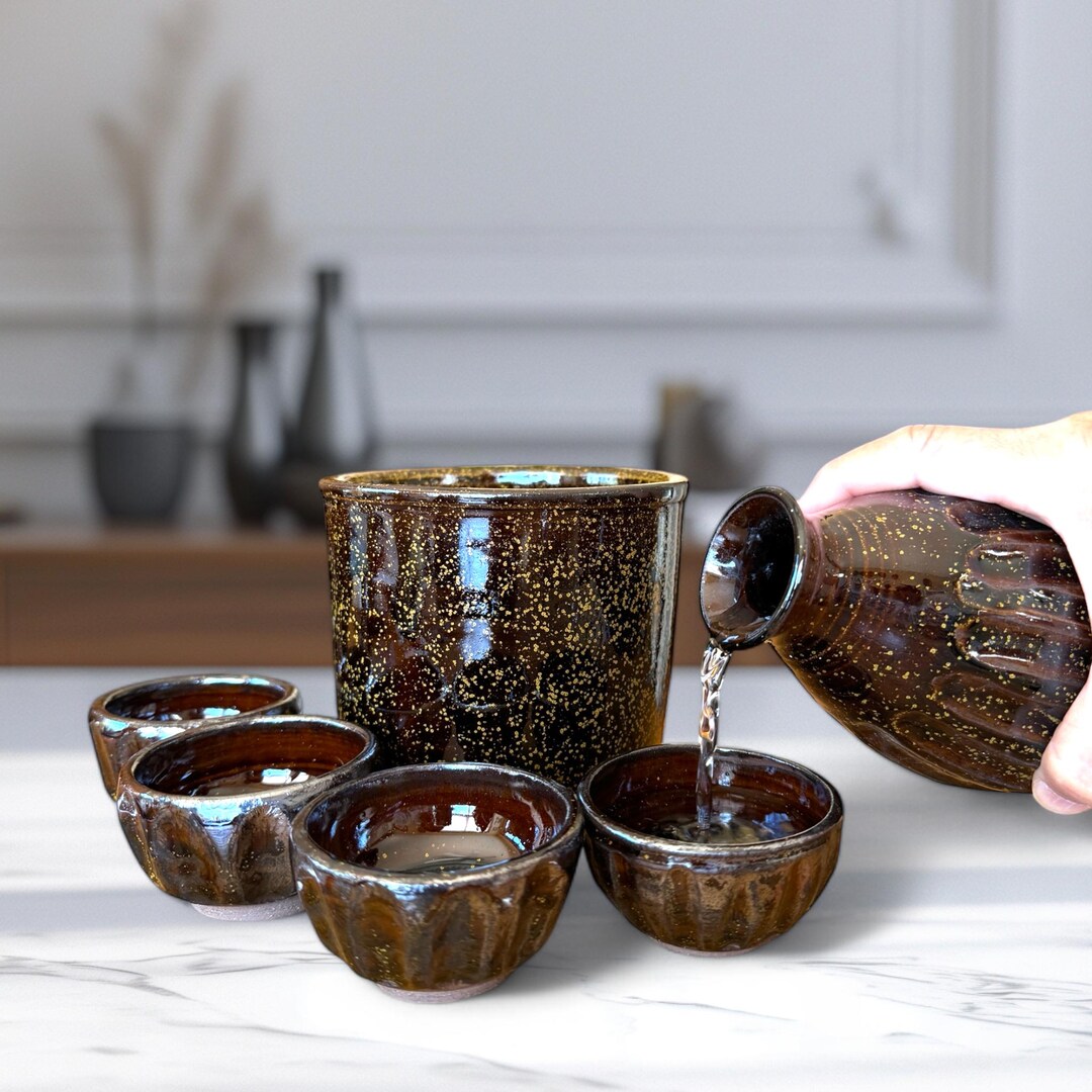 Handmade Sake Set With Warmer, Sake Carafe Bottle & 4 Ochoko Sake Cups ...