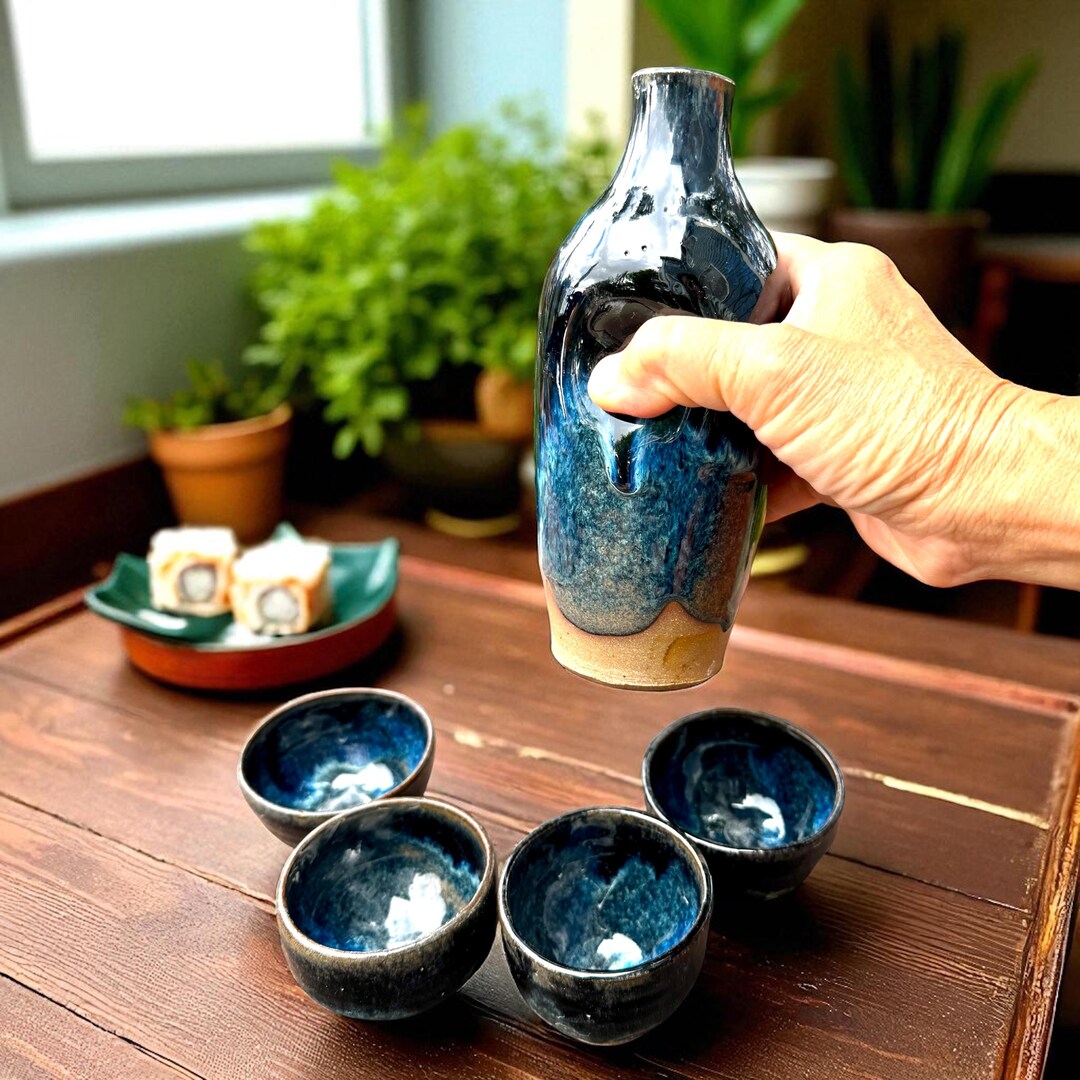 Handmade Ceramic Sake Set, Rustic Ocean Blue Wabi-sabi Pottery, With a ...