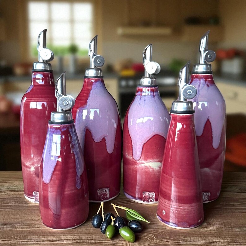 Handmade Ceramic Oil Dispenser, Red and Pink Glaze Pottery Cruet ...