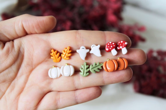 Tiny Stud Earrings Polymer Clay Earrings Autumn Stud Earrings Earring Stud Pack Fall Earrings Ghost Mushroom pumpkin Earrings handmade Etsy