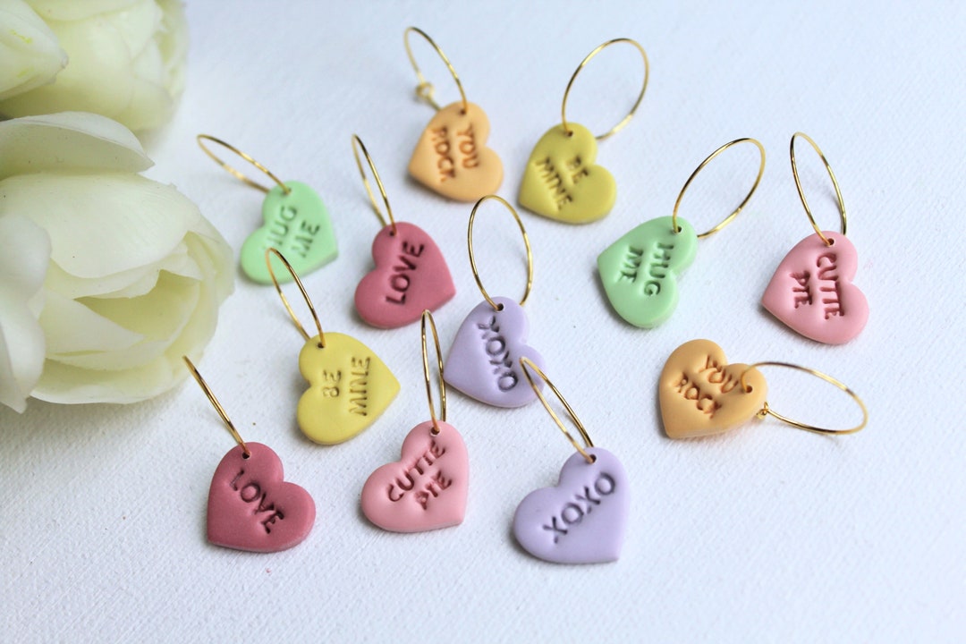 Valentine's Heart Earrings, Hoop Earrings, Conversation Hearts Earrings ...