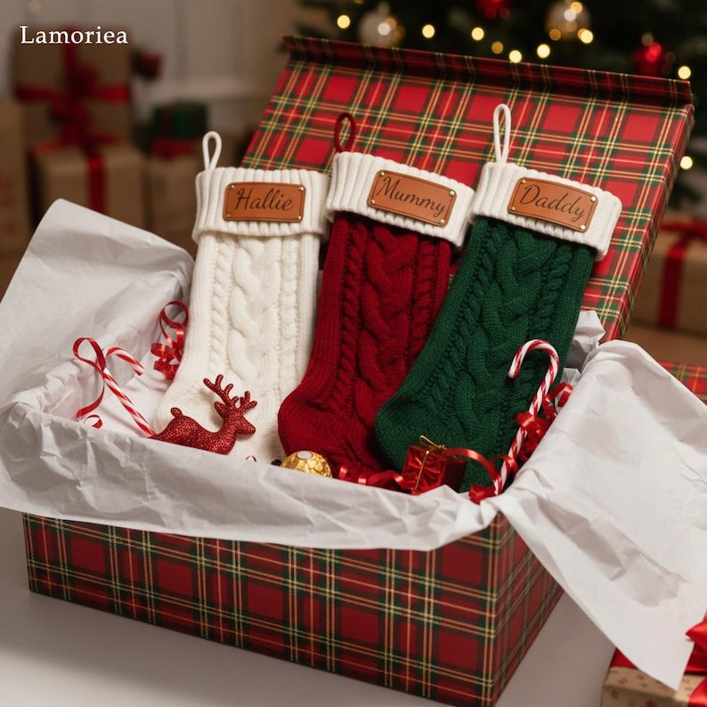2026 Engraved Leather Patch Christmas Knit Stockings With Name, Family ...