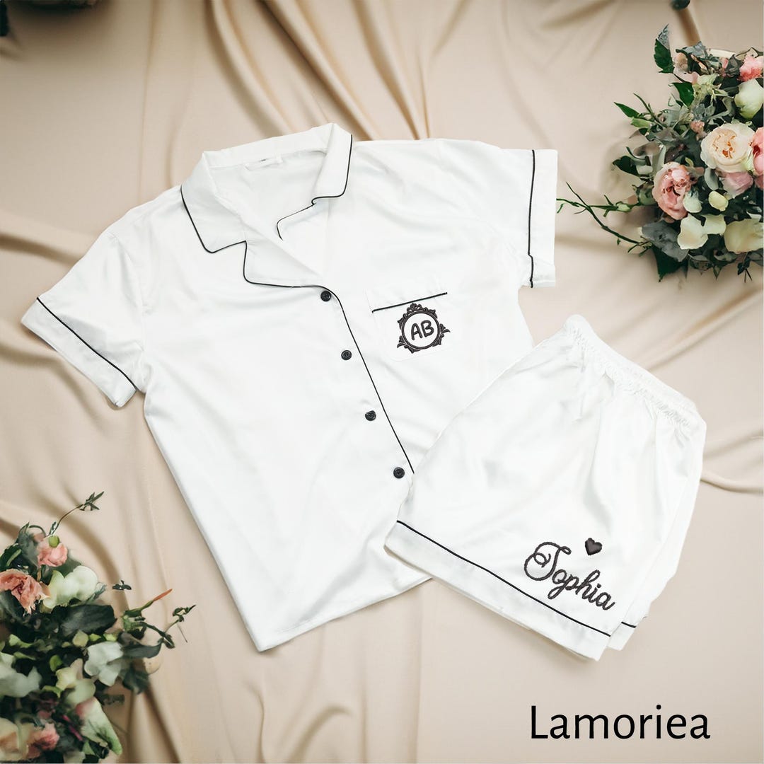 Custom Embroidered Women Pajamas Set, Bridesmaid Proposal Gifts, Satin ...