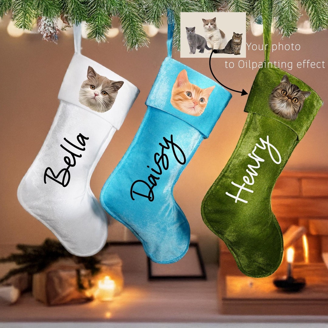 Cat Christmas Velvet Stockings, Personalized Christmas Cat Stockings ...