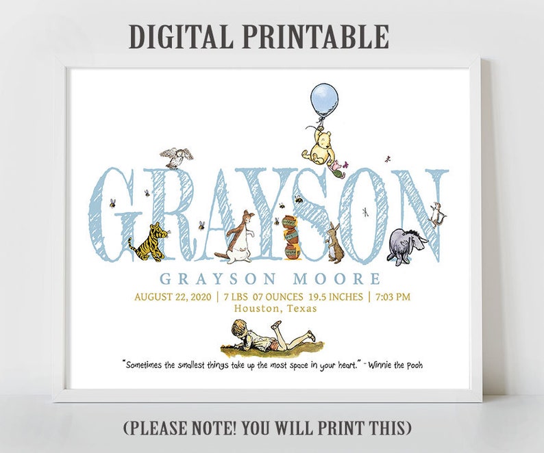 Personalised Digital Birth Announcement - Classic Winnie the Pooh, Name ...