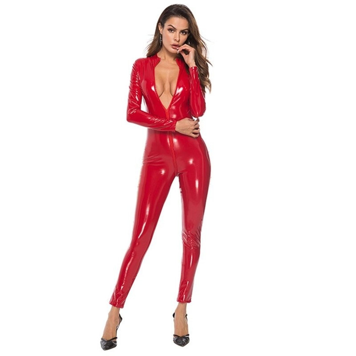 Women Sexy Faux Leather Catsuit Open Crotch Front Zipper Latex Etsy