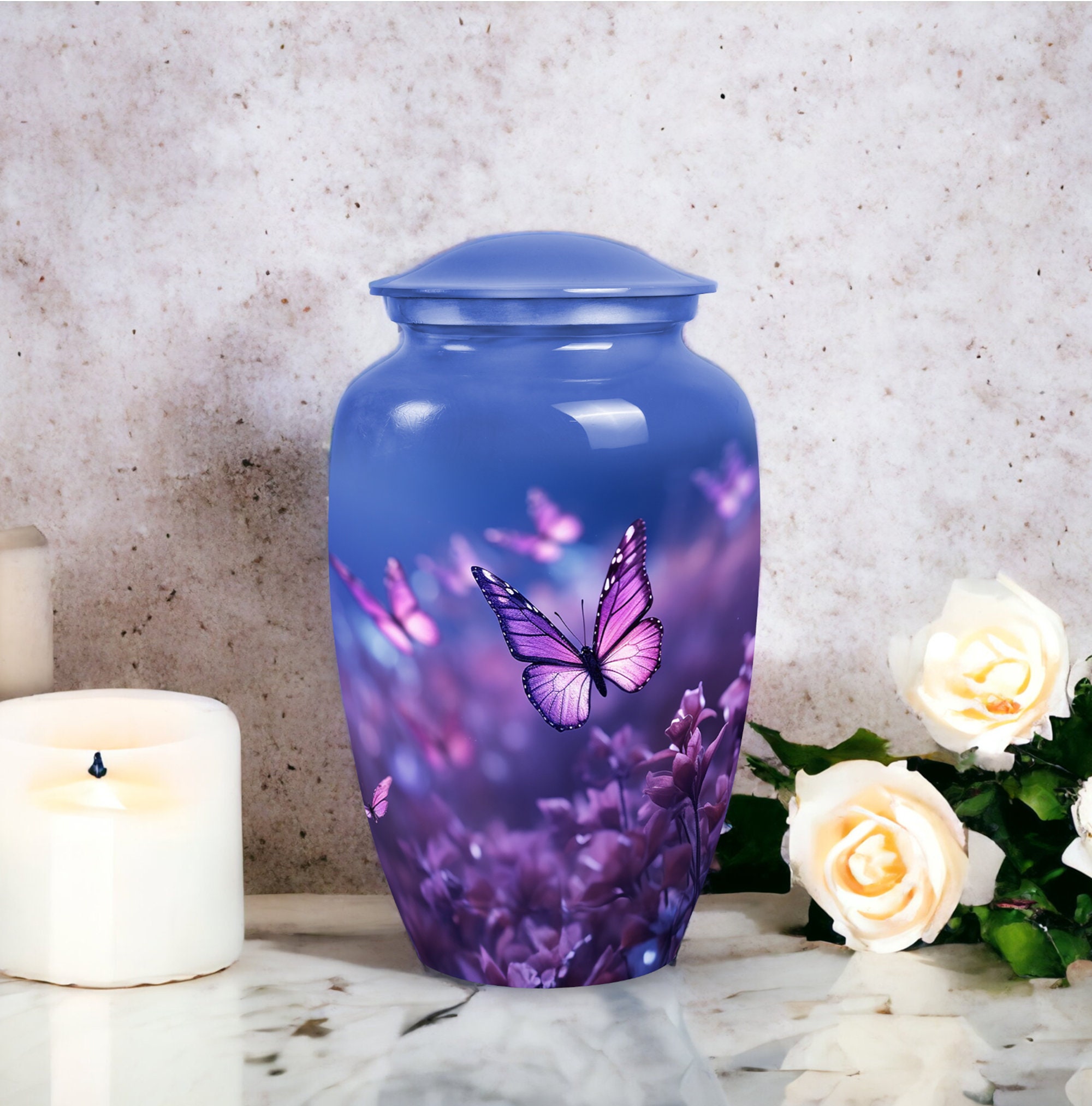 Purple Butterfly and Lavender Urn With A Tranquil Design Butterfly ...