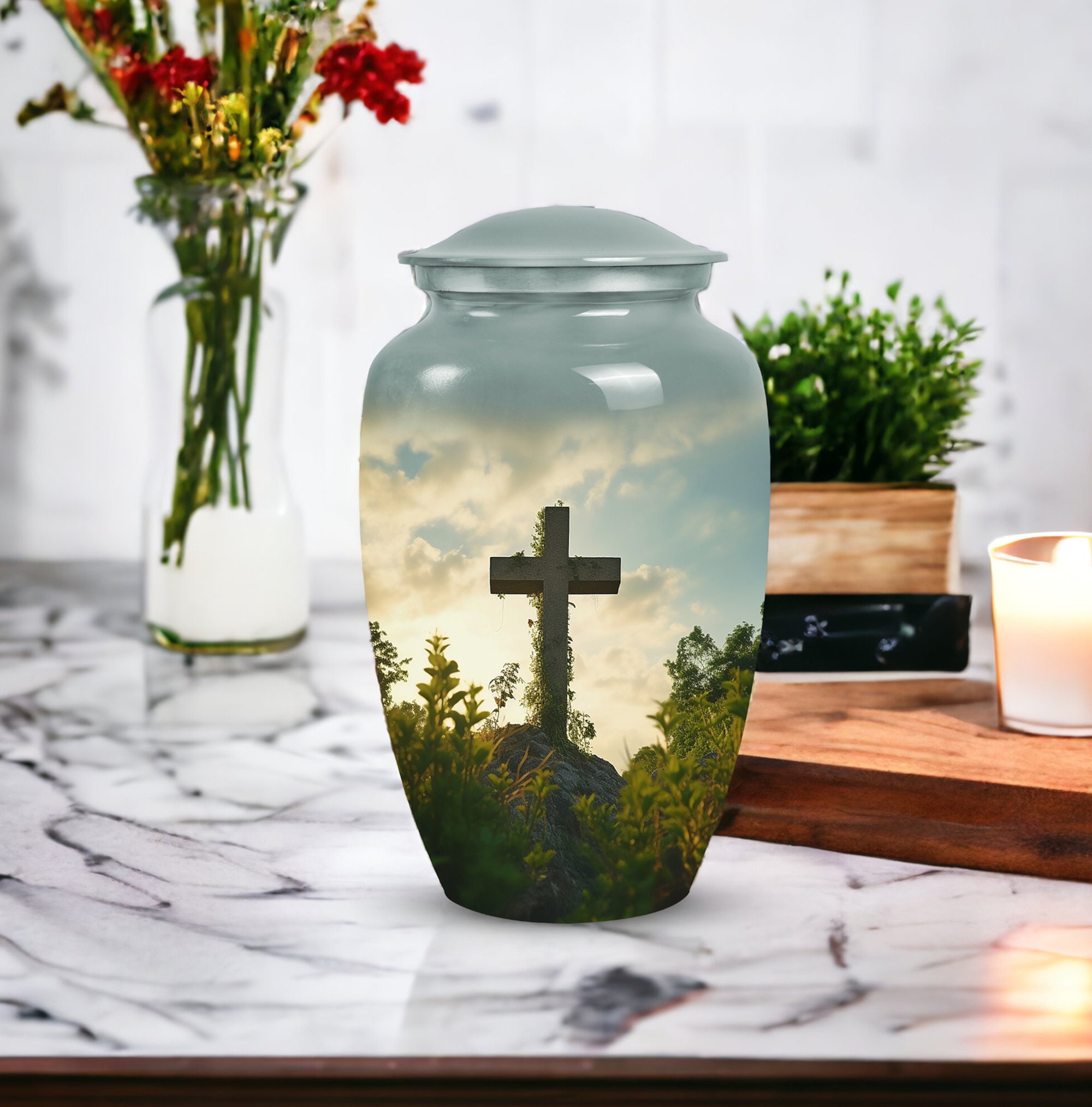 Christian Cross Memorial Urn for Human Ashes Funeral Home Decor ...