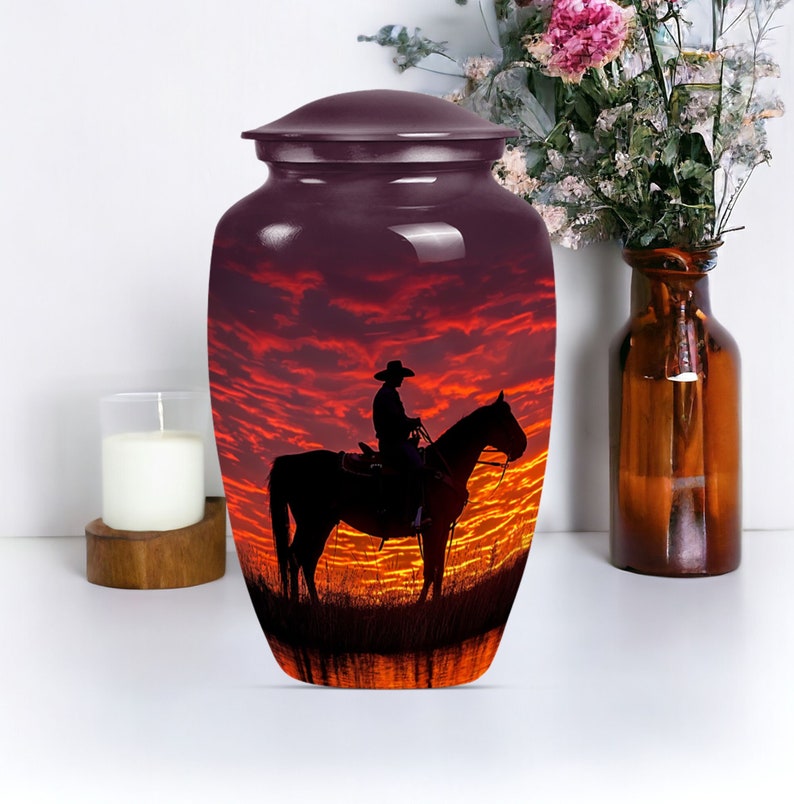 Sunset Cowboy Urn for Ashes, Handcrafted Personalized Urn, Decorative ...