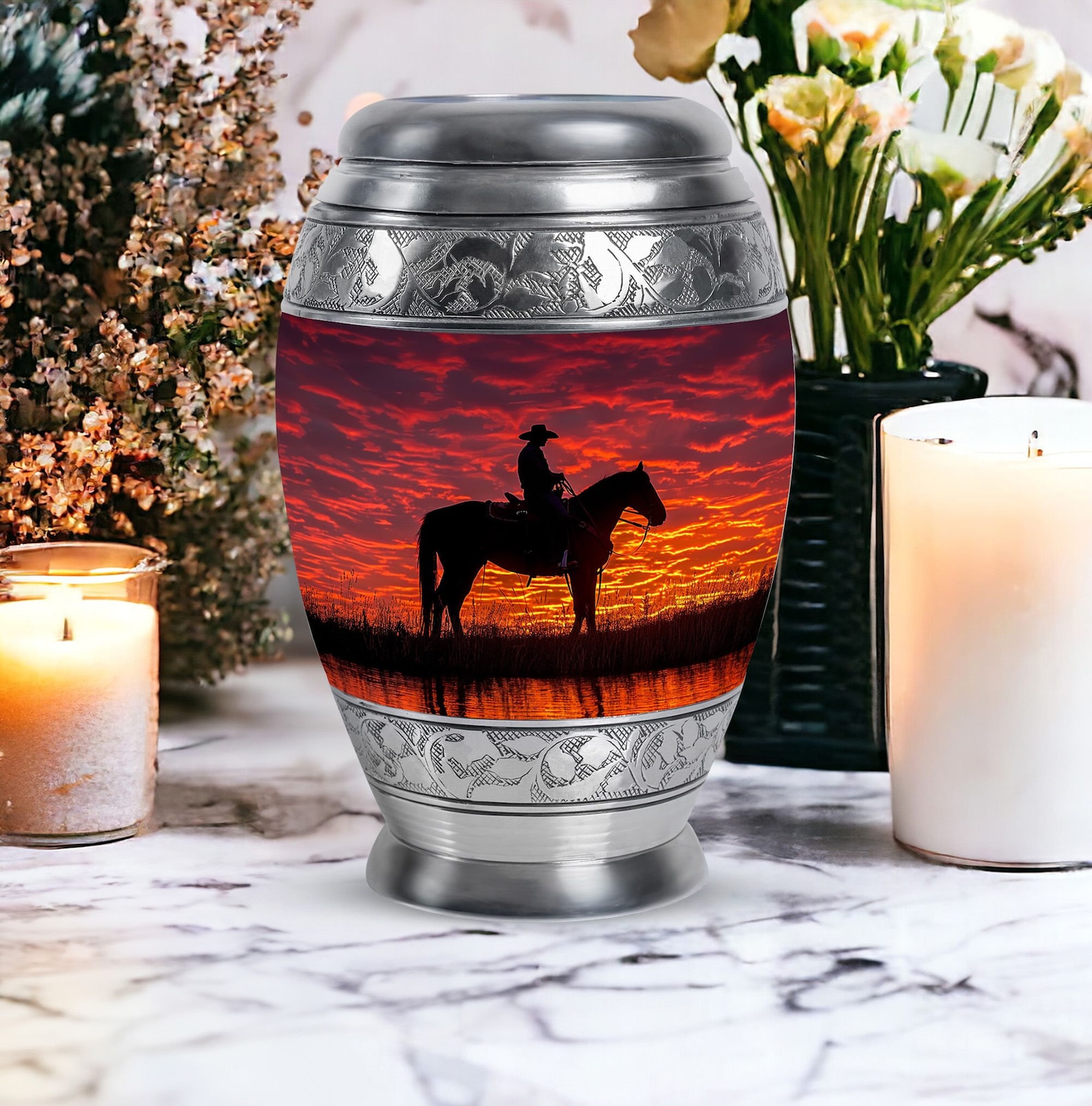 Cowboy Sunset Cremation Urn for Human Ashes - Handmade Large Adult Urn ...