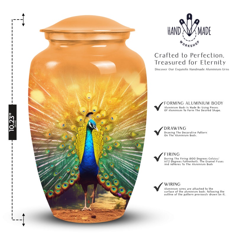 Memorial Peacock Urn, Decorative Urn Cremation Vessel With Nature, Peacock Feather Design ...