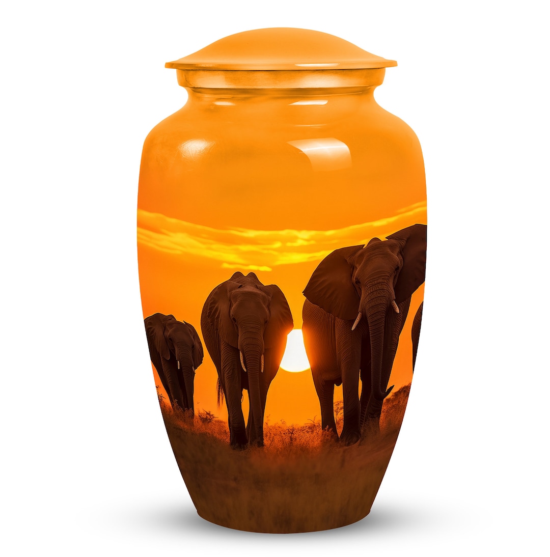 African Sunset Elephants Urn for Ashes Decorative Aluminum Urn ...