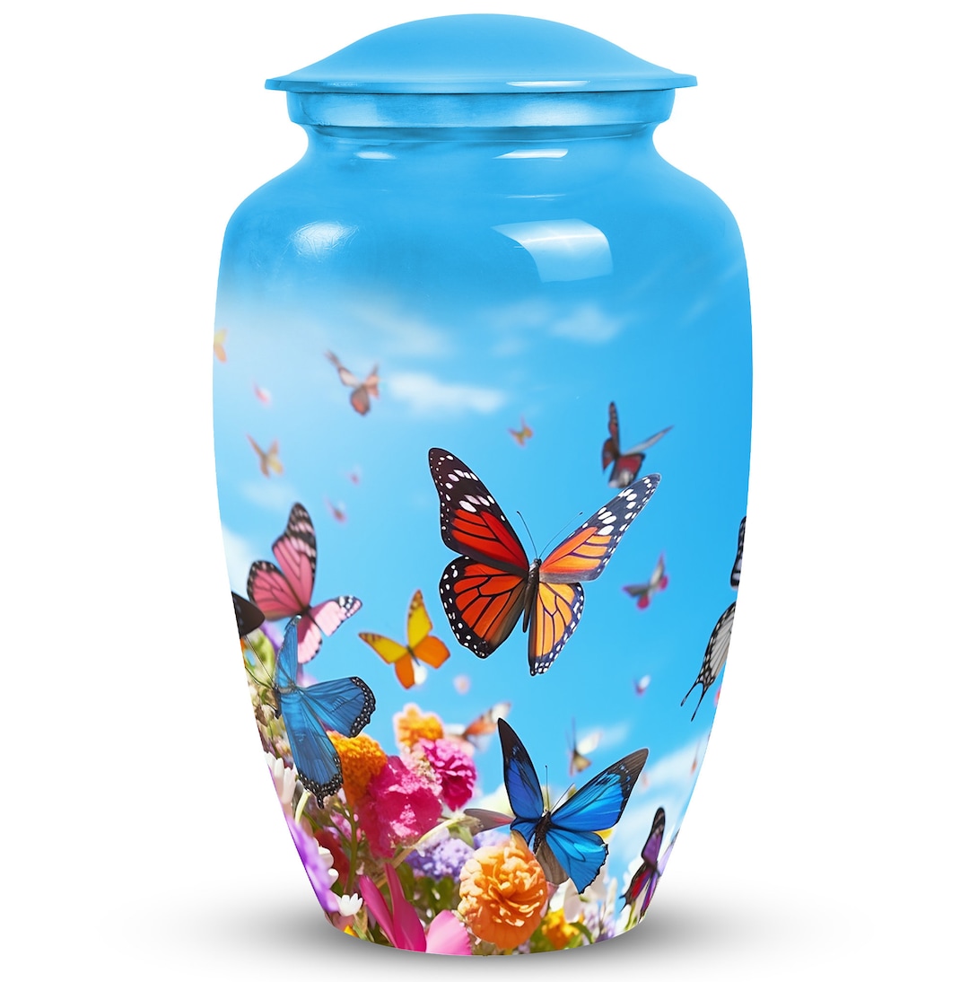 Blue Cremation Urn With Fluttering Butterflies Memorial Urn for Human ...