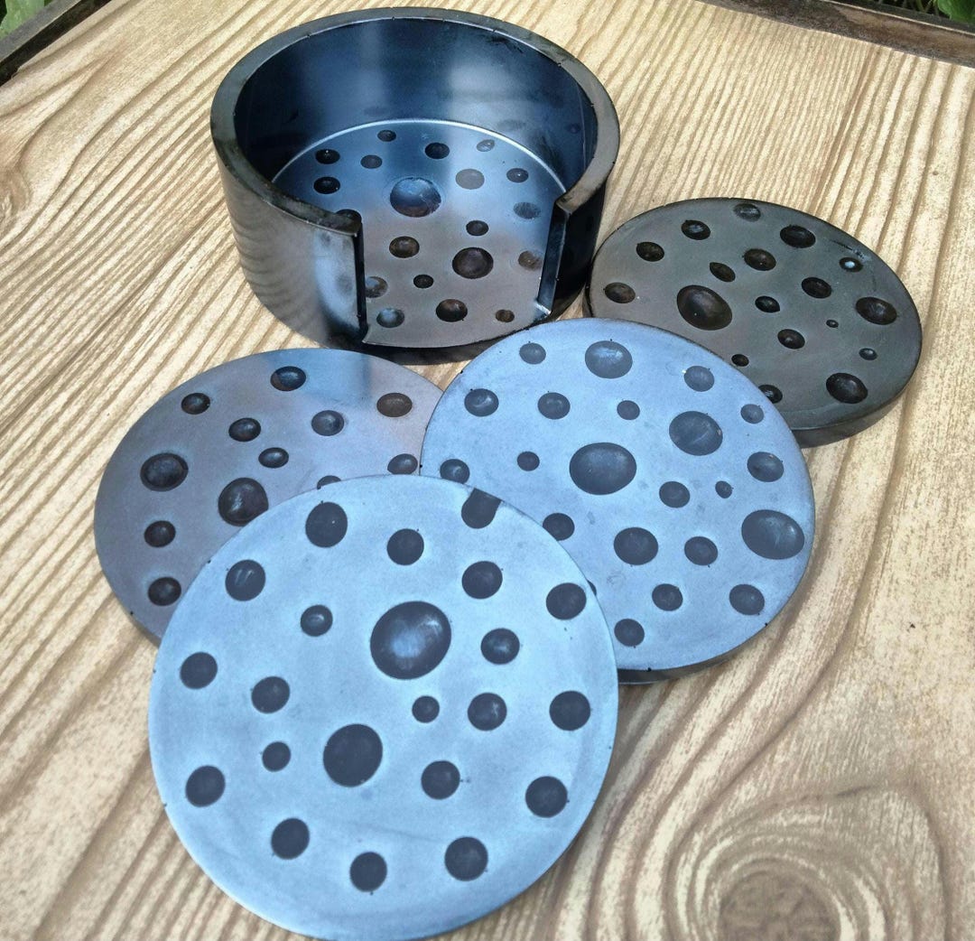 Rustic Water Drop Effect Coaster Set - Metallic 5-piece Round Coasters ...