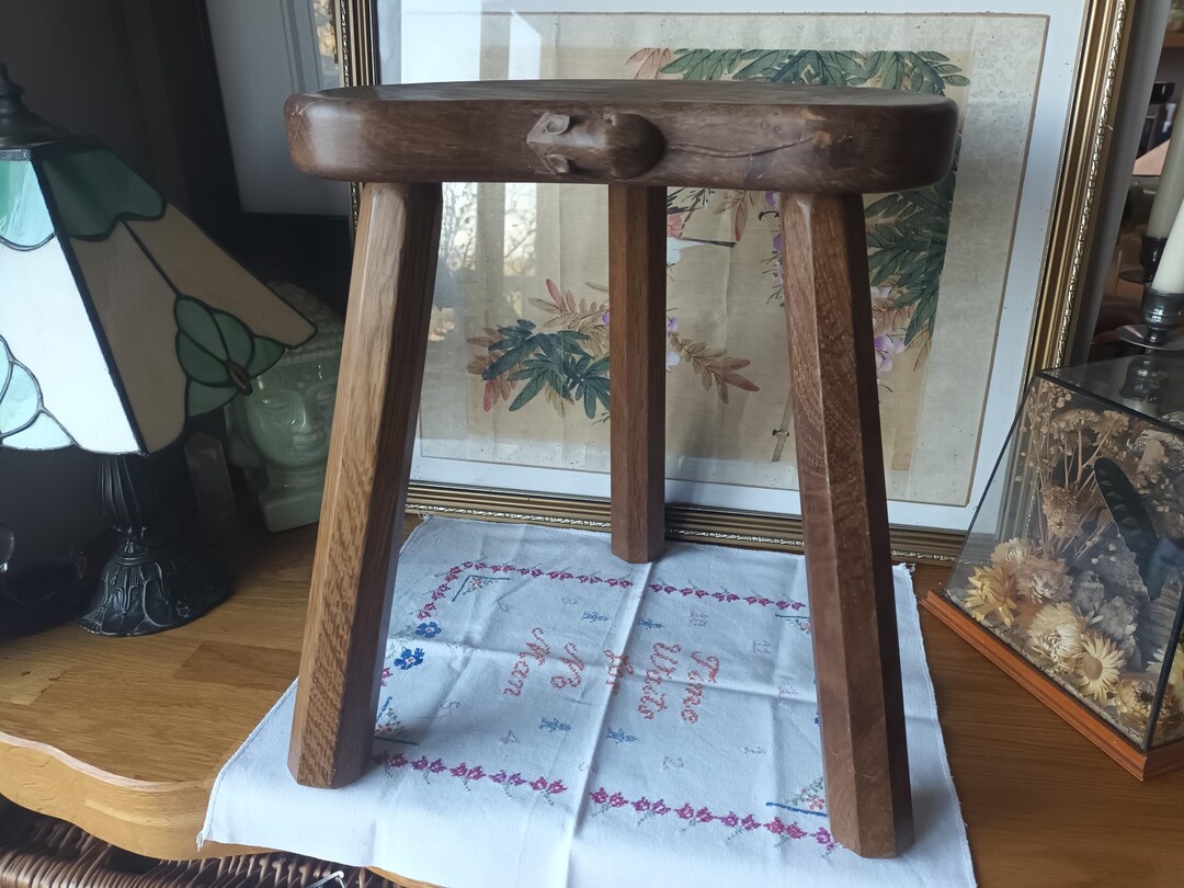 Vintage 'mouseman' Oak Three Legged Cow Stool - Robert Thompson of ...