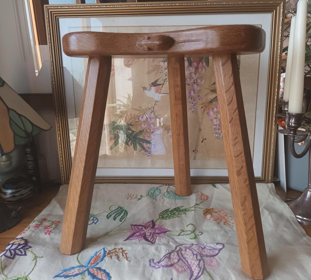 Vintage 'mouseman' Oak Three Legged Cow Stool - Robert Thompson of ...