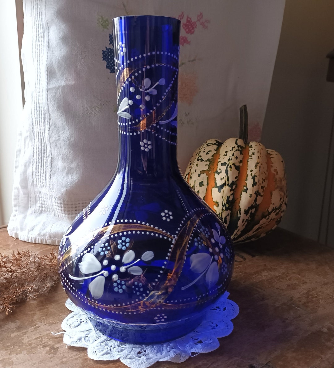 Vintage - Bohemian Glass Vase - Stunning Cobolt Blue, Hand Painted ...