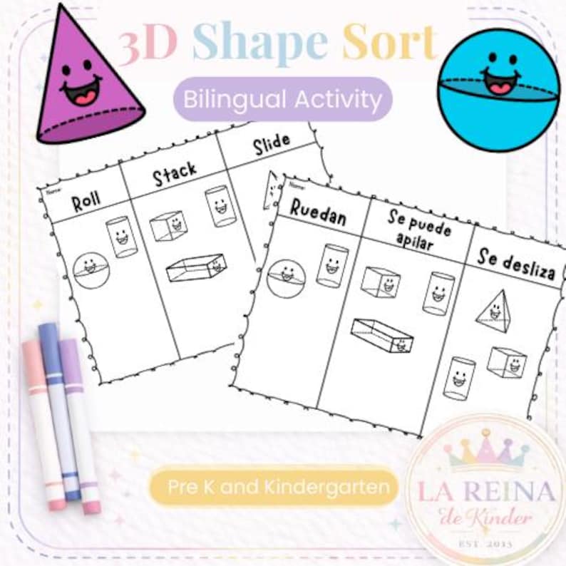 3D Shapes: Roll, Stack, & Slide Bilingual Sorting Activity - Etsy