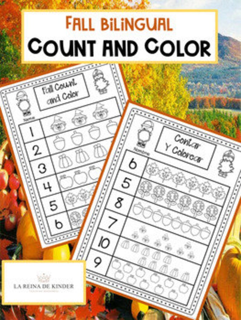 Fall Bilingual Count and Color Worksheet for Pre K - Etsy