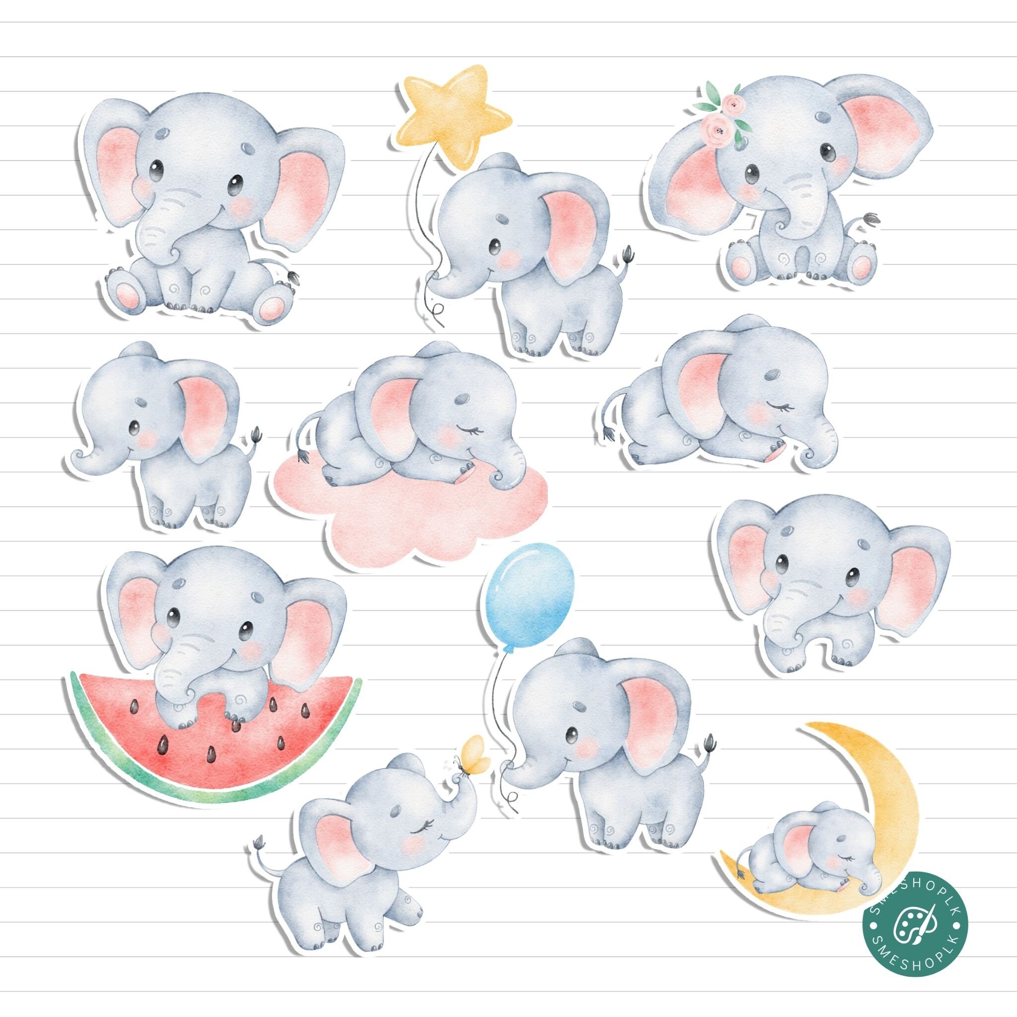 Digital Cute Elephant Clip Art Set, Cute Elephant Sticker, Cute ...