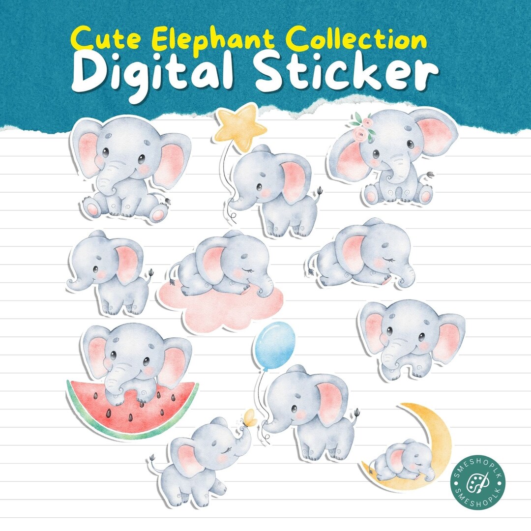 Digital Cute Elephant Clip Art Set, Cute Elephant Sticker, Cute ...