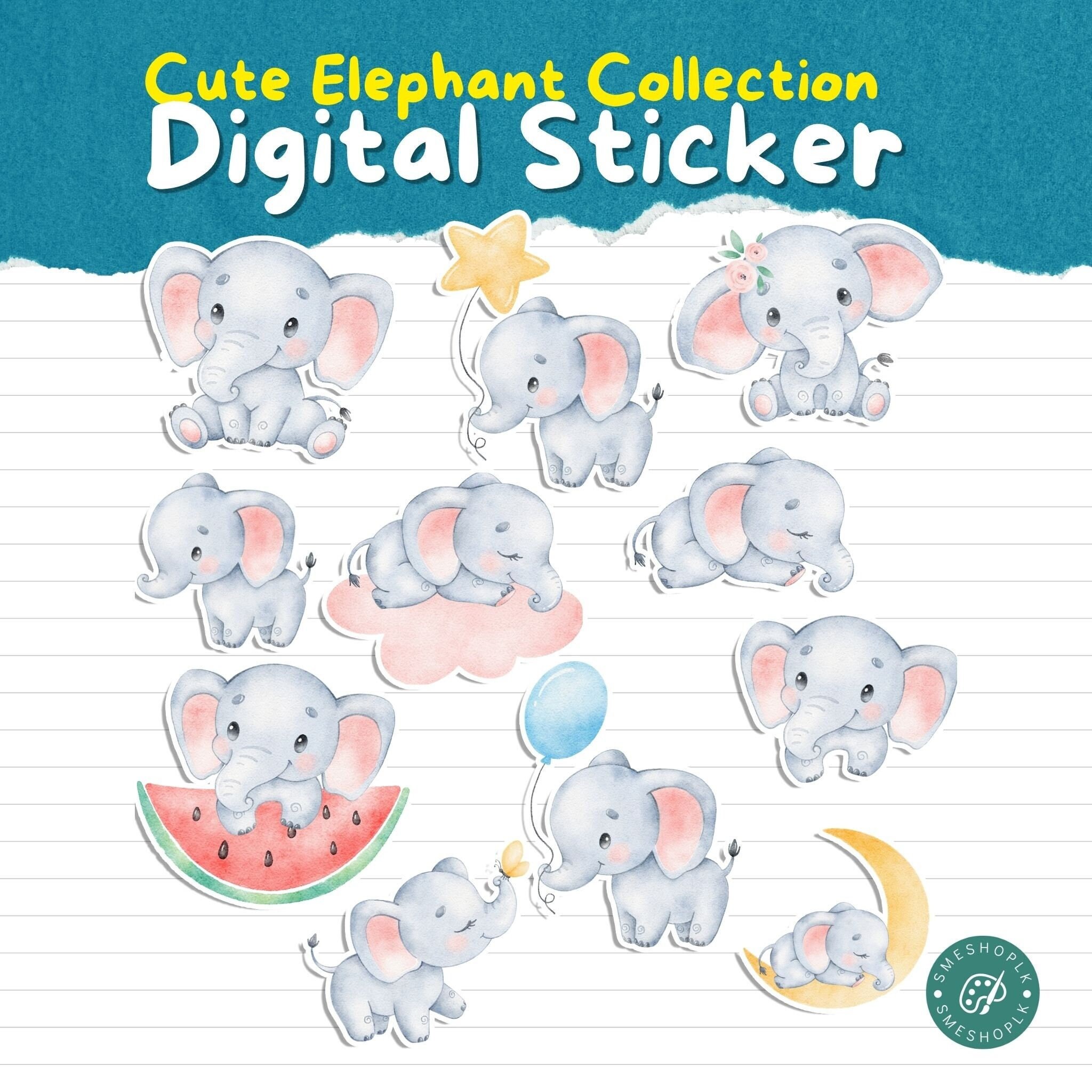 Digital Cute Elephant Clip Art Set Cute Elephant Sticker - Etsy