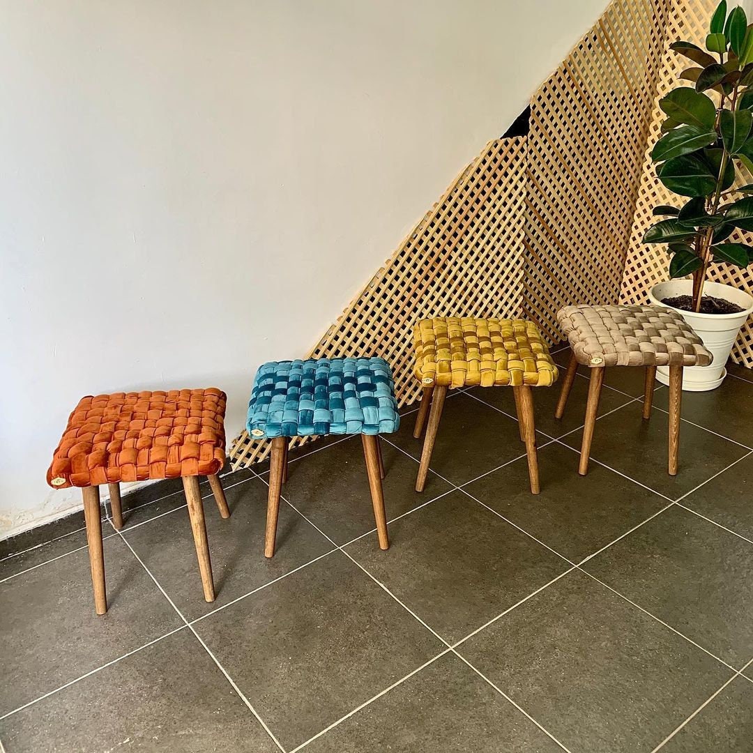 Velvet stool Wooden Round Stool stool vintage Ottoman Pouf | Etsy