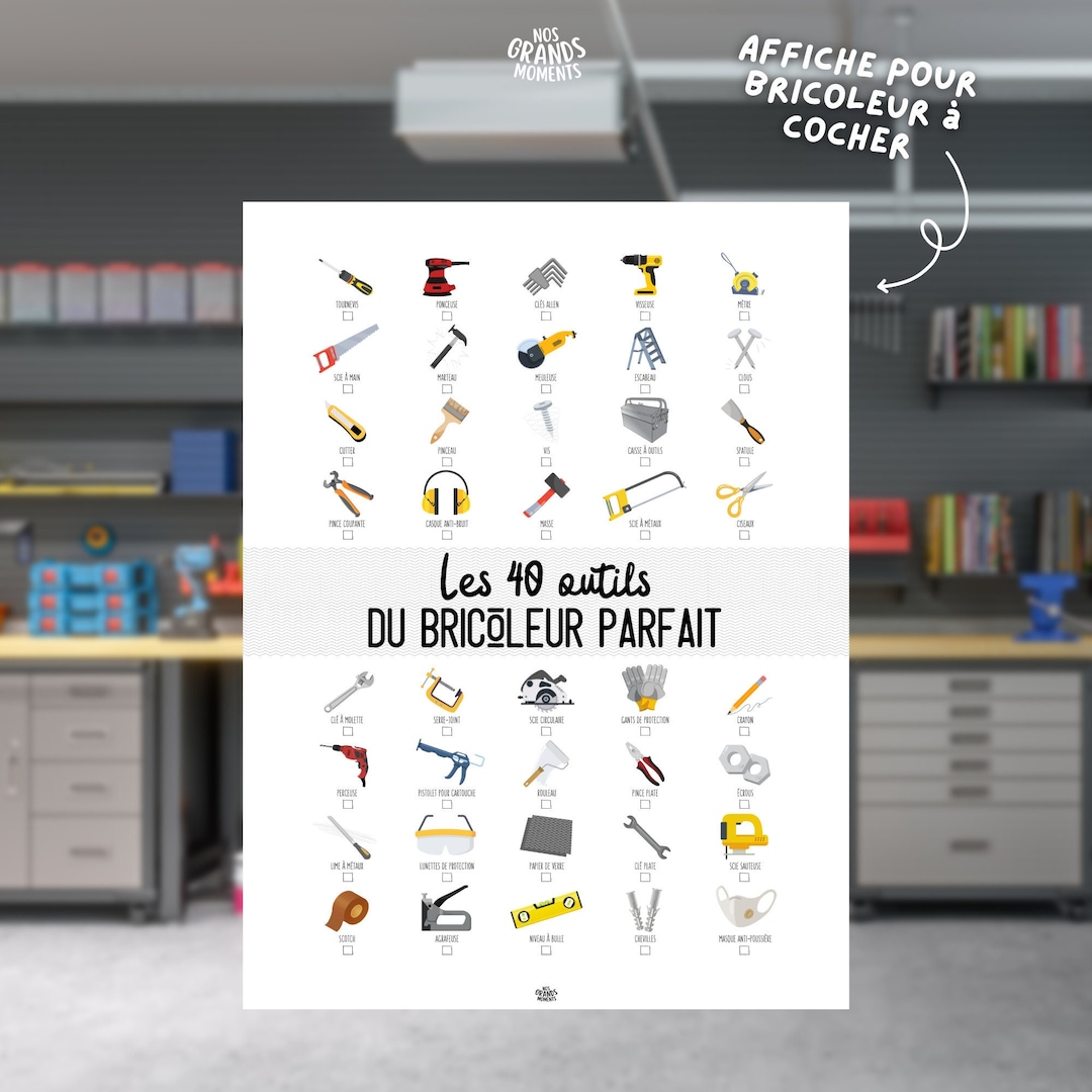 Affiche de bricoleur à cocher | Affiche "Les 40 outils du bricoleur parfait" | Idée cadeau homme ...