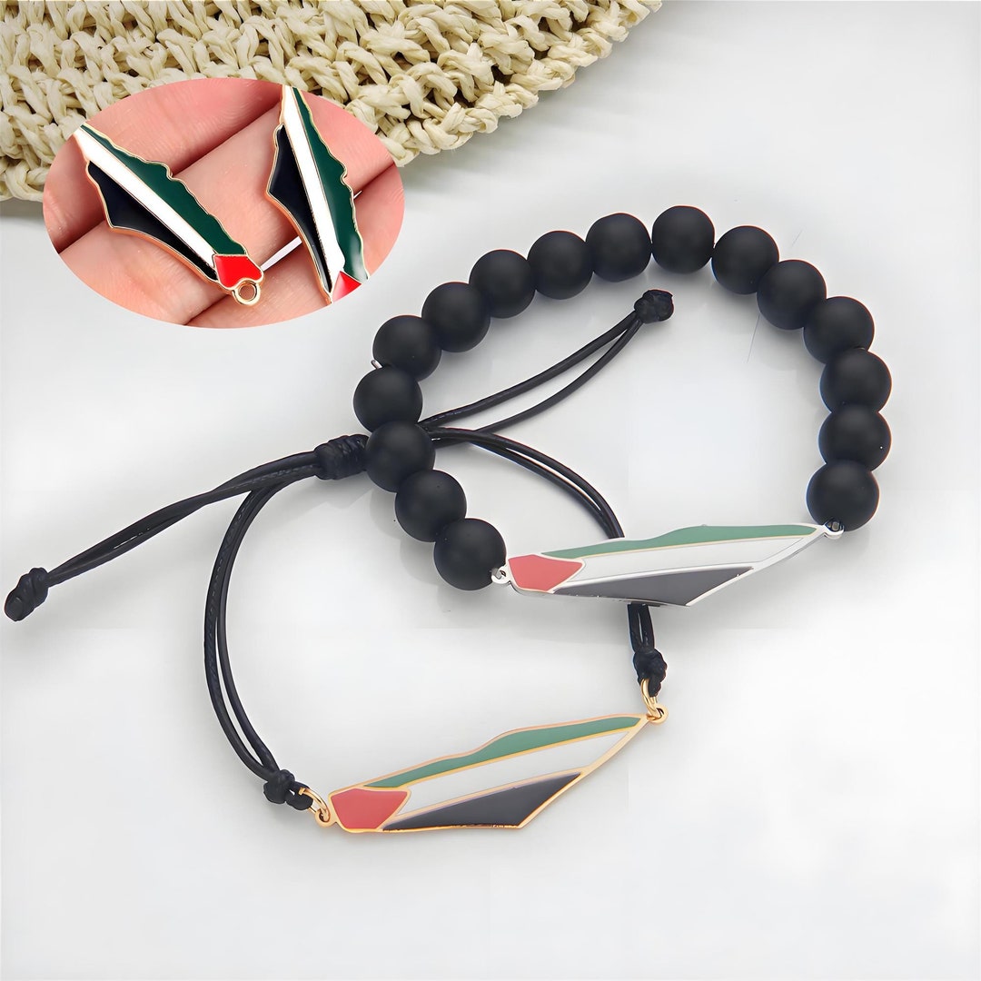 Unisex Palestine Map Flag Bracelet, Palestine Black Bead Bracelet ...