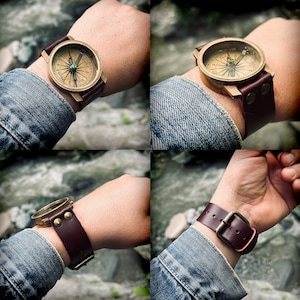 Personalized Brass Compass Watch - Engraved Leather Strap, Gift for ...