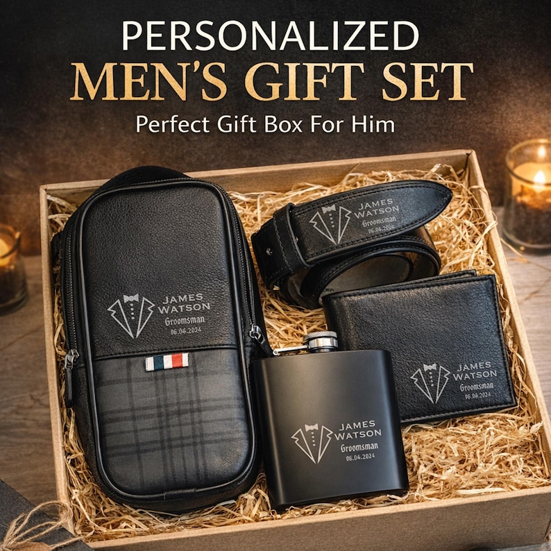 Personalized Men's Gift Set, Vegan Leather Wallet, Belt, Flask & Dopp ...