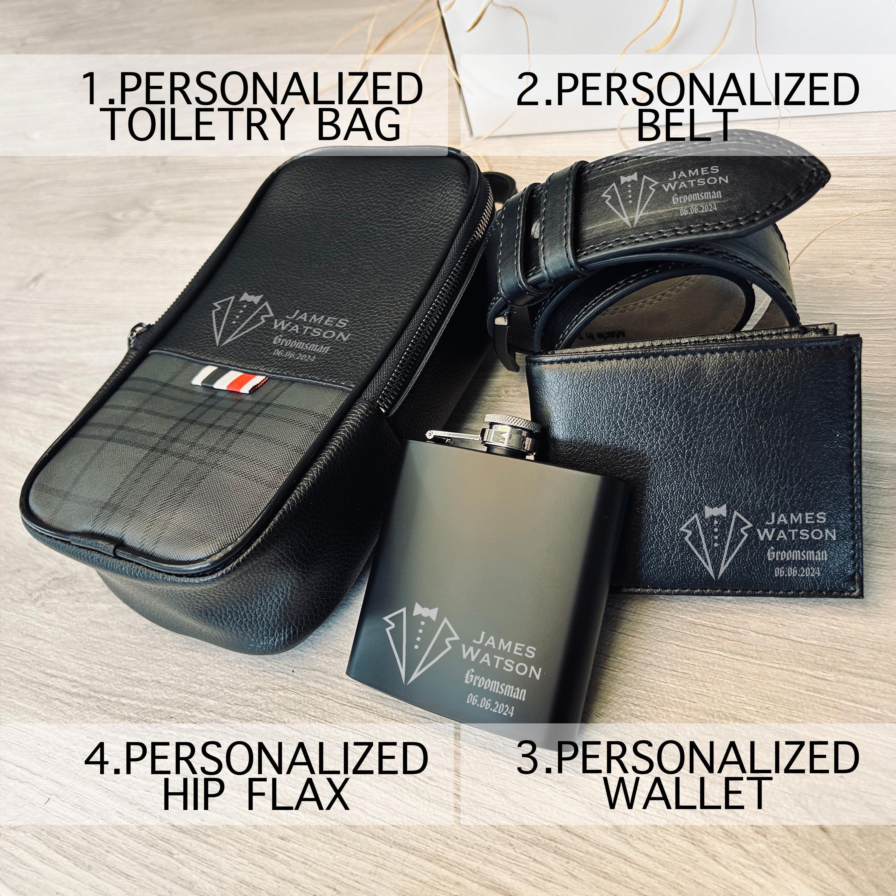 Personalized Men's Gift Set, Vegan Leather Wallet, Belt, Flask & Dopp ...