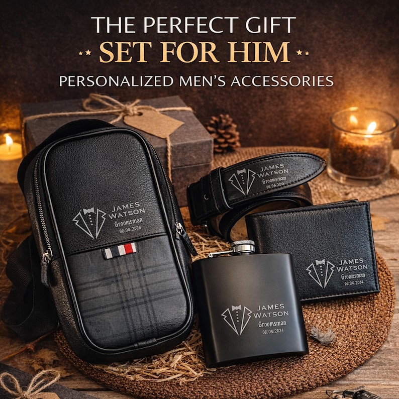 Personalized Men's Gift Set, Vegan Leather Wallet, Belt, Flask & Dopp ...