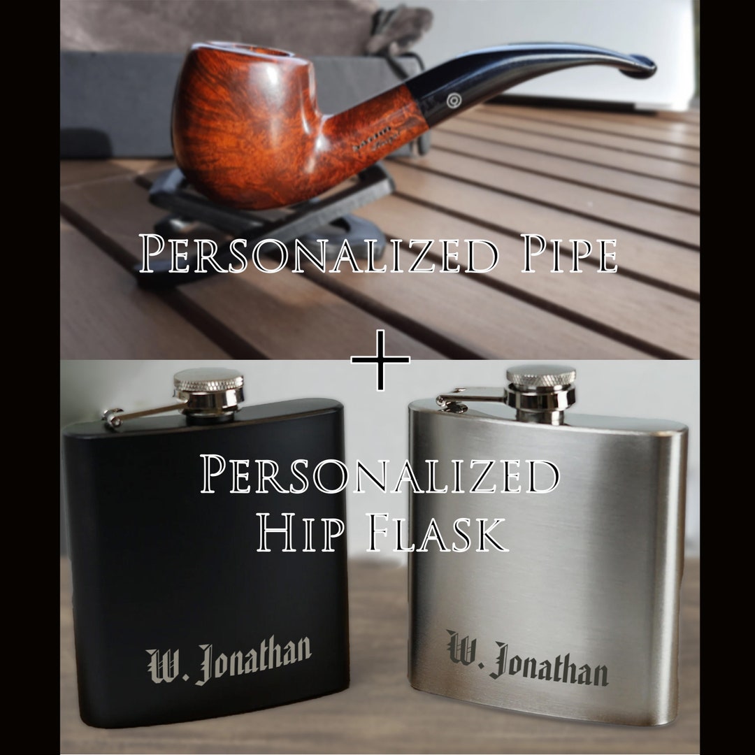 PERSONALIZED SMOKING PIPE and Hip Flask Set / Real Briar Pipe / Tobacco ...