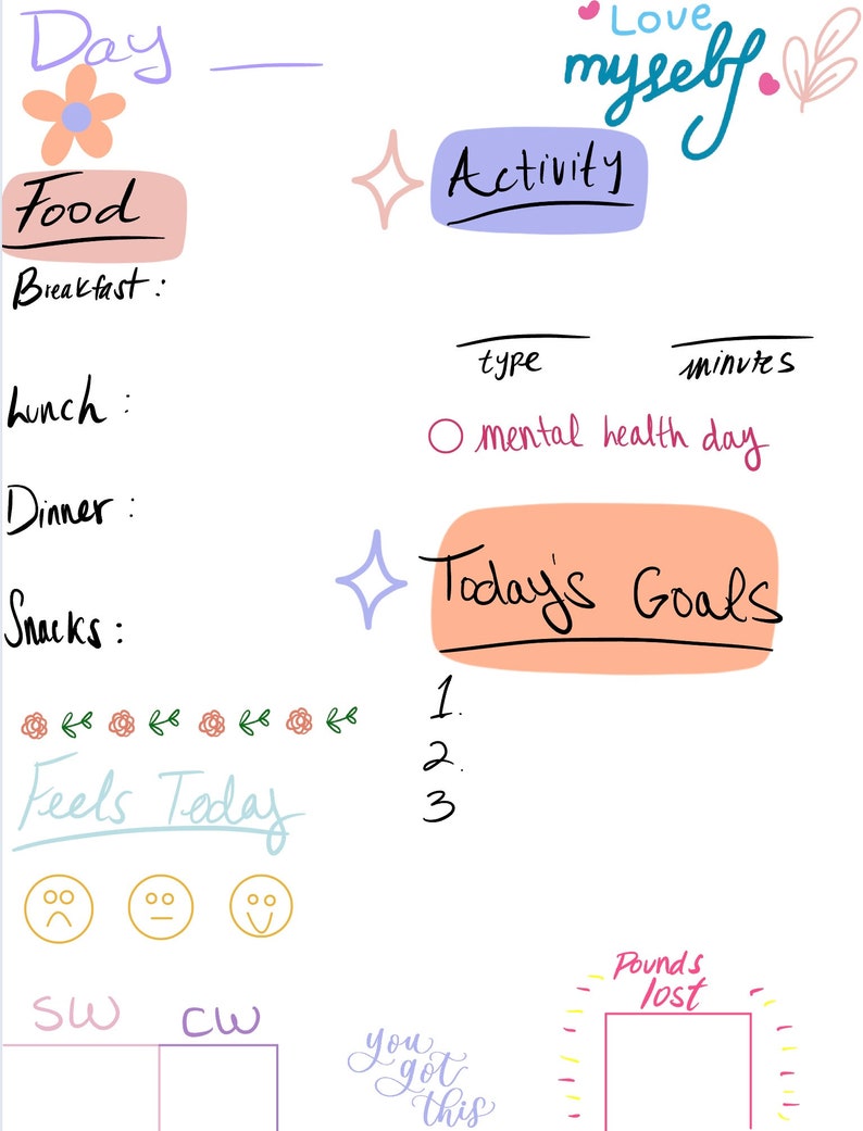 Weight Loss Journal Template DAILY Meals and Activity PDF DOWNLOAD - Etsy