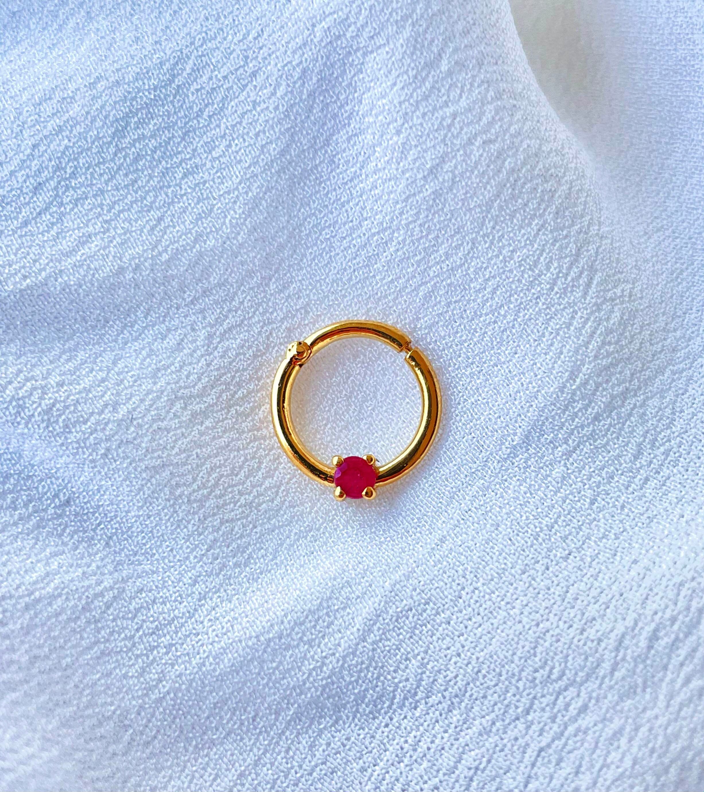Ruby 14K Solid Gold Nose Ring, Ruby Hoop Nose Piercing, Nose Ring Click ...
